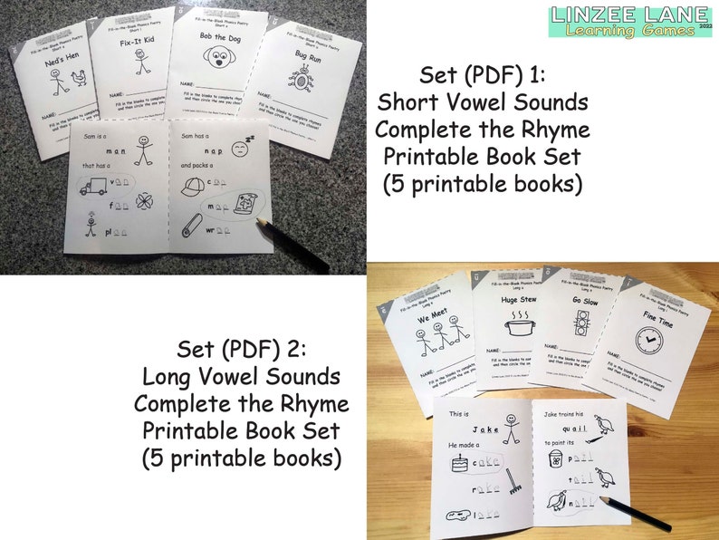 10 Printable Phonics Rhyming Workbooks, Short Vowel Sounds and Long ...