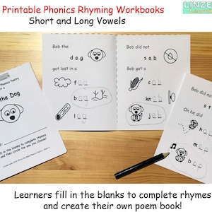 10 Printable Phonics Rhyming Workbooks, Short Vowel Sounds and Long ...