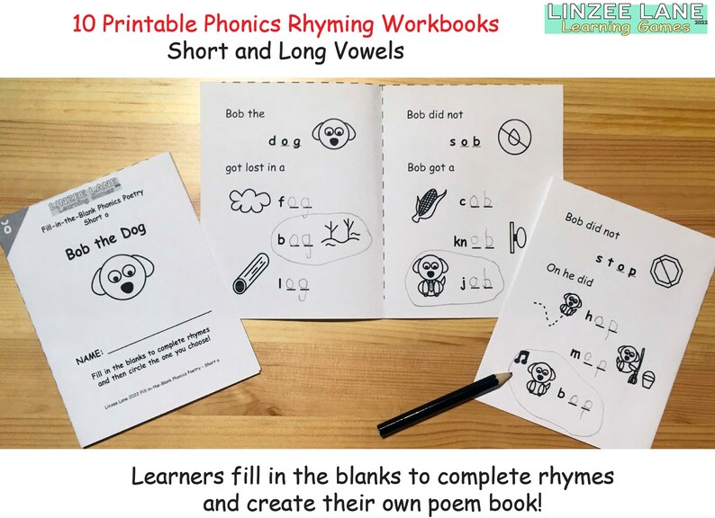 10 Printable Phonics Rhyming Workbooks, Short Vowel Sounds and Long ...