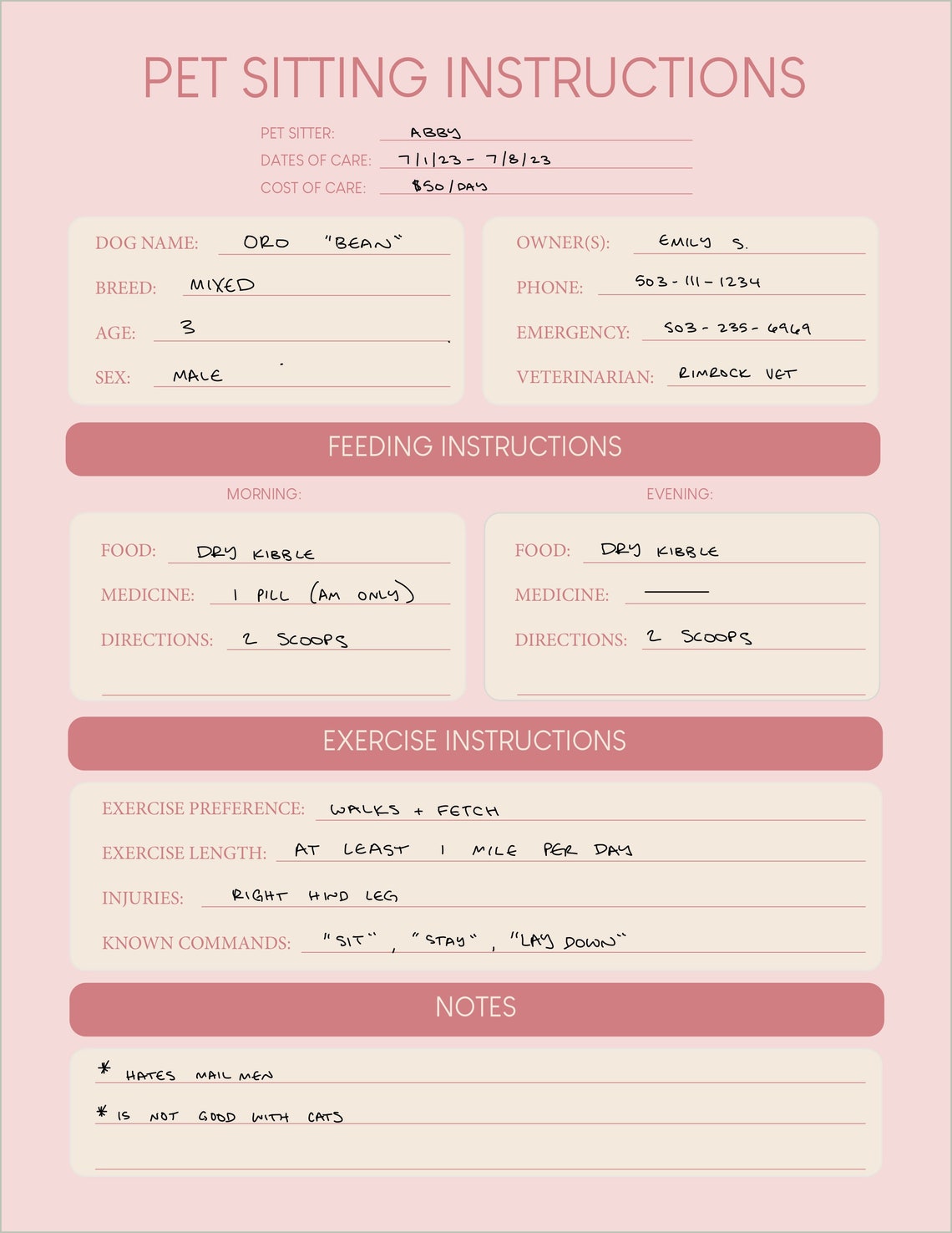 Pet Sitting Instructions (pink) | Dog Sitting Guide | Pet Sitter Form ...