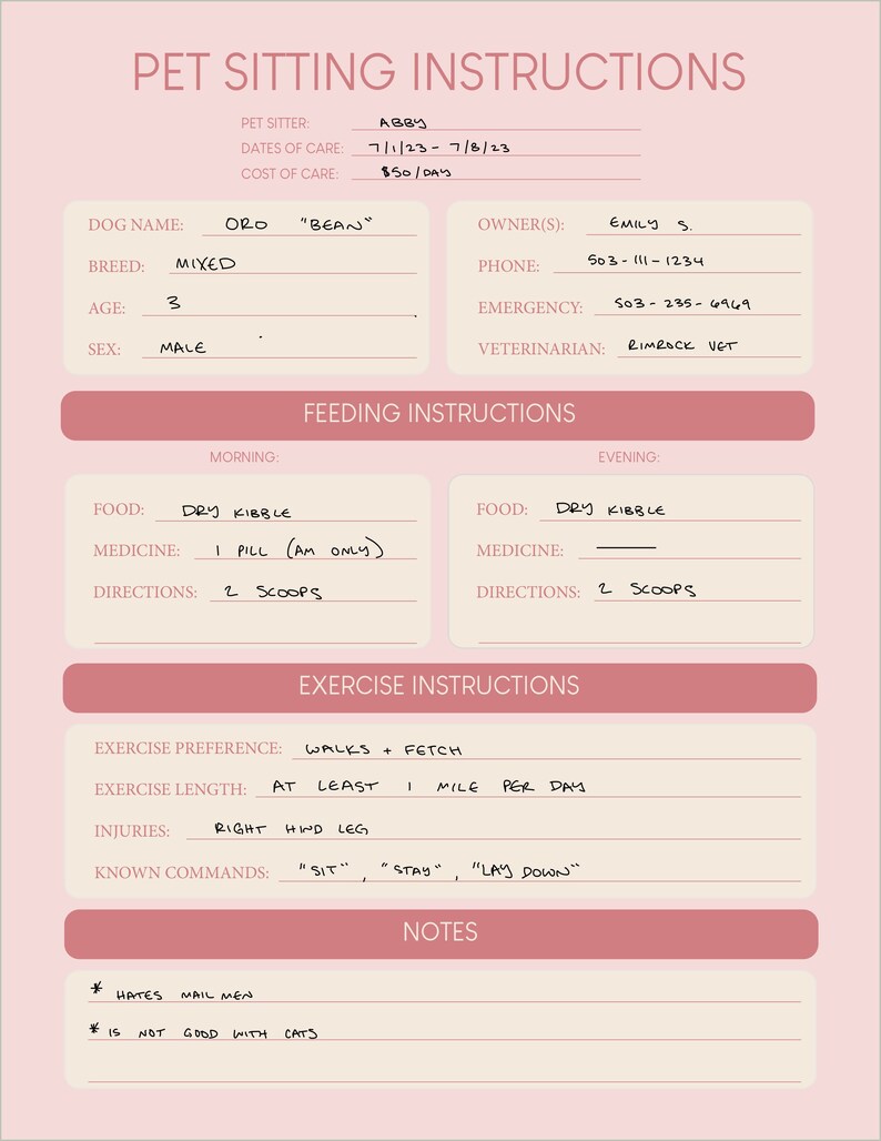 Pet Sitting Instructions (pink) | Dog Sitting Guide | Pet Sitter Form ...