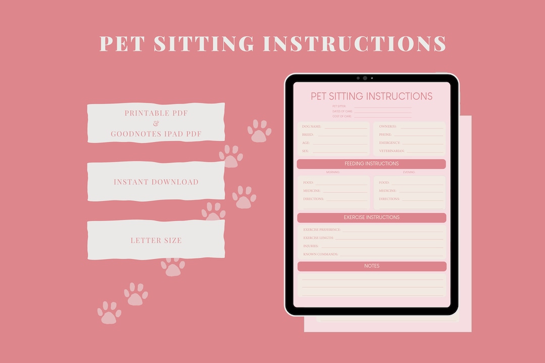 Pet Sitting Instructions (pink) | Dog Sitting Guide | Pet Sitter Form ...