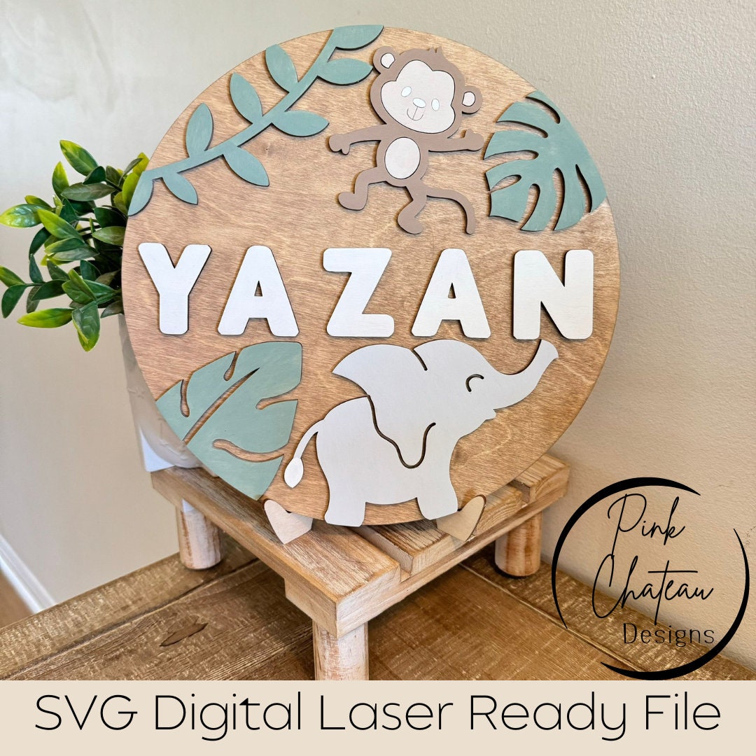 Resizable Baby Nursery Jungle Animal Theme Name Sign | SVG Digital ...
