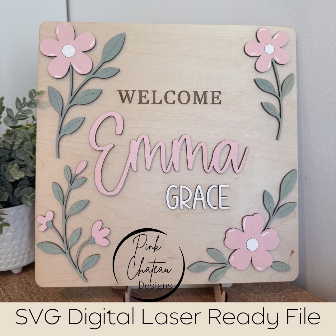 Baby Annoucement Name Sign | Floral Border | Optional Welcome Engrave ...