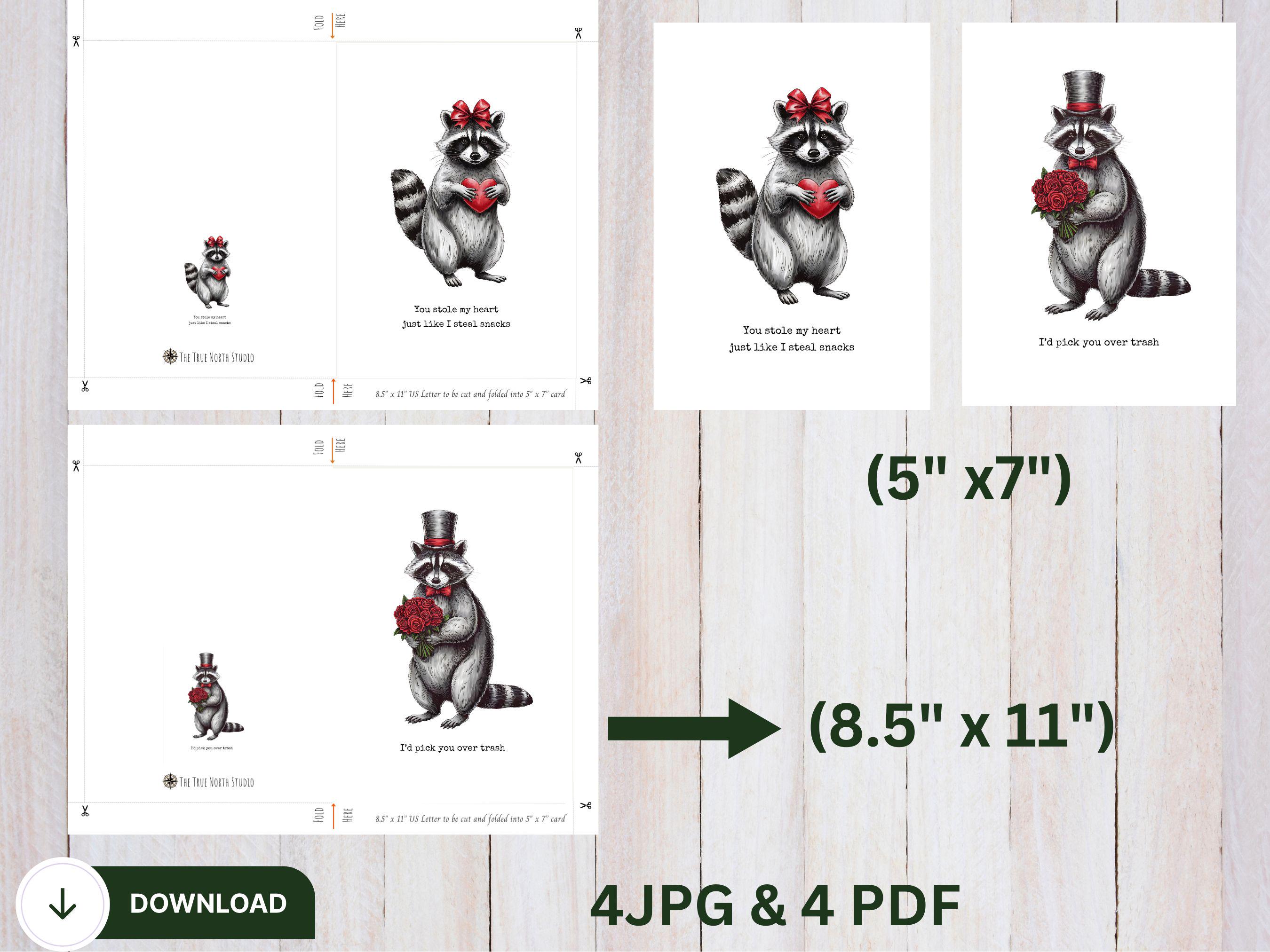 Printable Love Raccoons Card Set of 2, Raccoon Valentine Card ...
