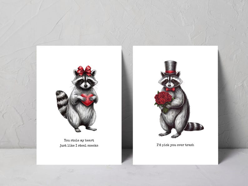 Printable Love Raccoons Card Set of 2, Raccoon Valentine Card ...