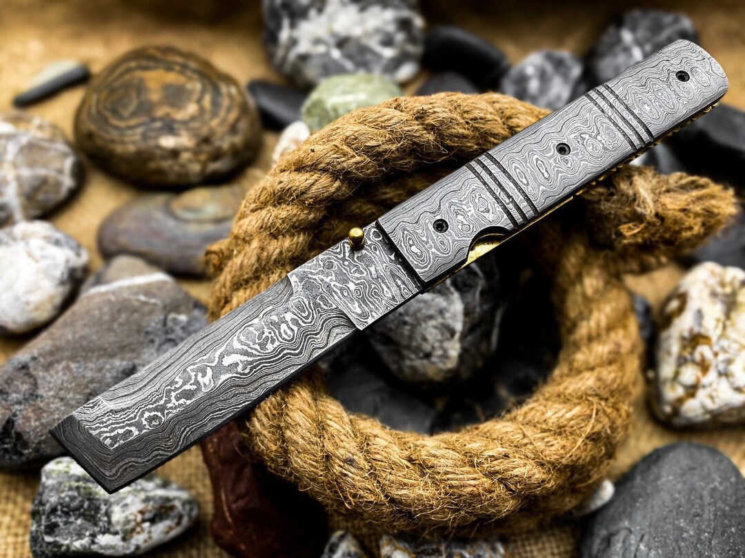 Handmade Damascus Folding Knife, Tanto Blade With Leather Sheath - Etsy