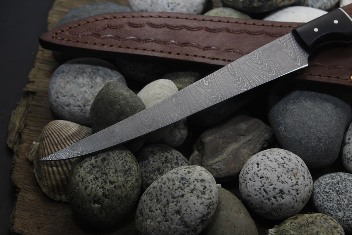 Handcrafted Damascus Fish Filet Knife Cow Leather Sheath Well Tempered ...
