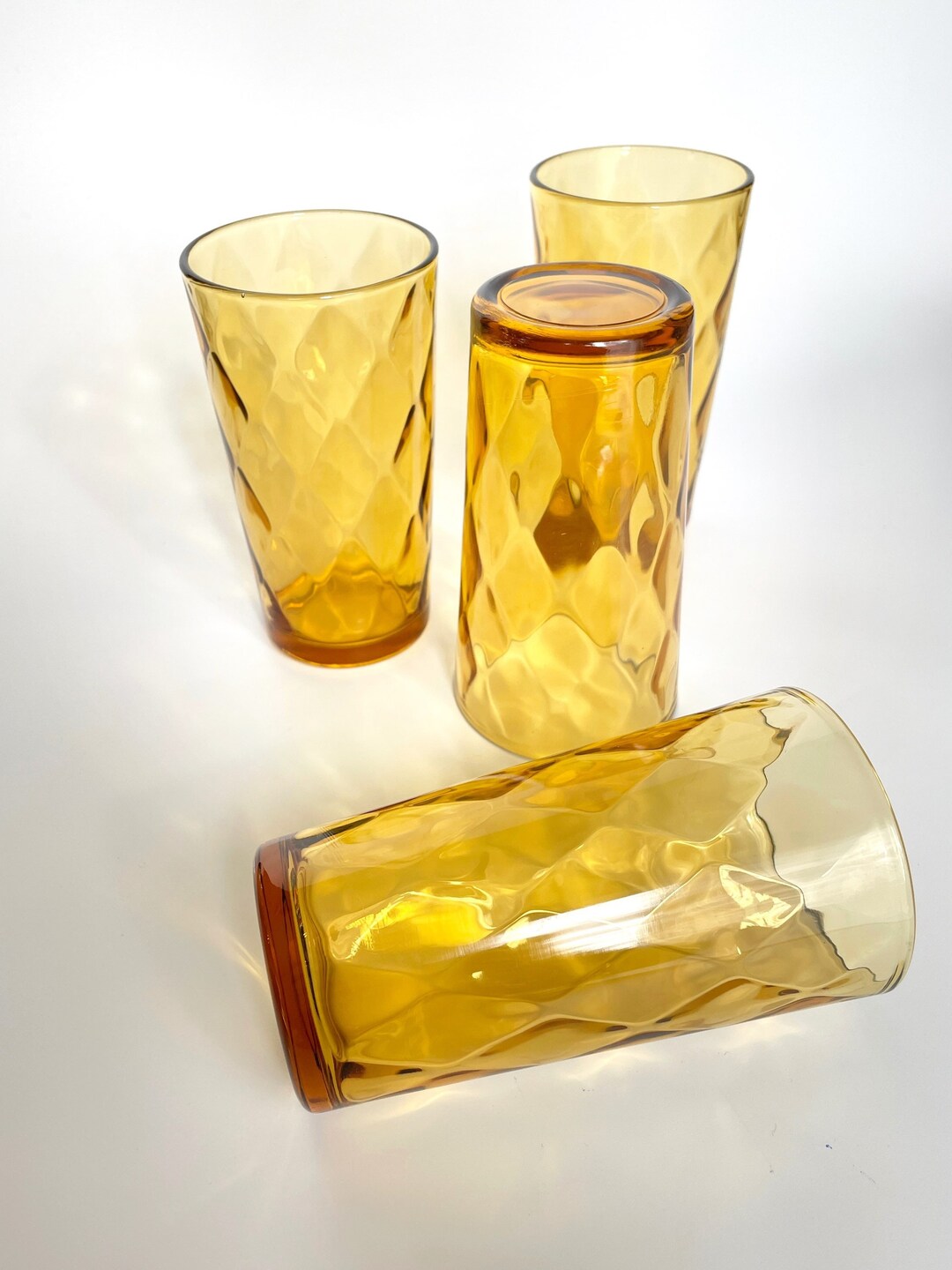 Vintage MCM Diamond Design Amber Glassware Set of 4 - Etsy