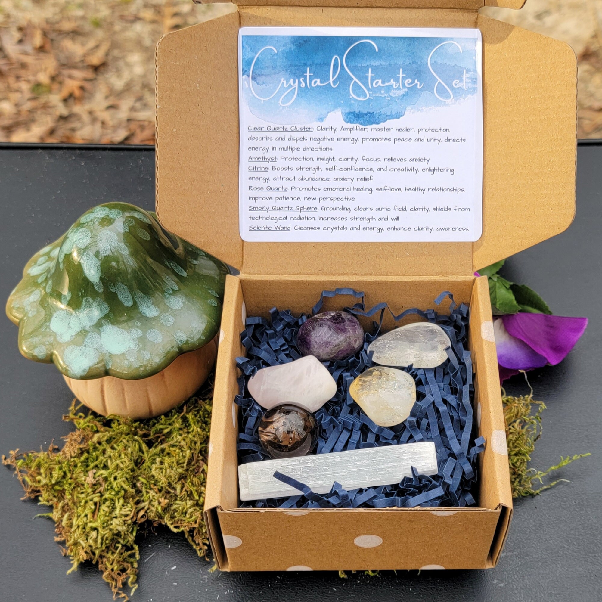 Crystal Starter Set, Tumbled Stones and Rainbow Smoky Quartz Sphere W ...