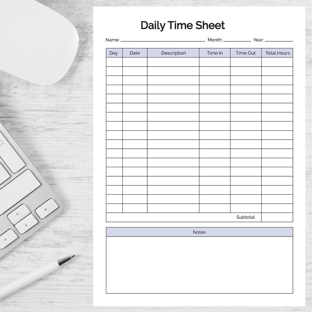 Daily Timesheet Printable Editable PDF Times Sheet Time Card Time ...