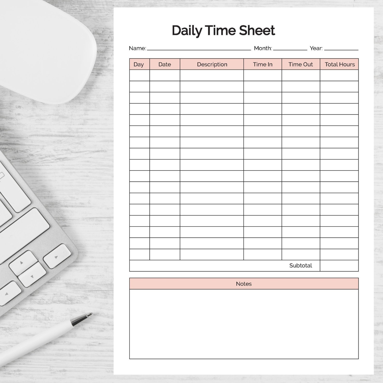Daily Timesheet Printable Editable PDF Times Sheet Time Card Time ...