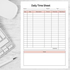 Daily Timesheet Printable Editable PDF Times Sheet Time Card Time ...