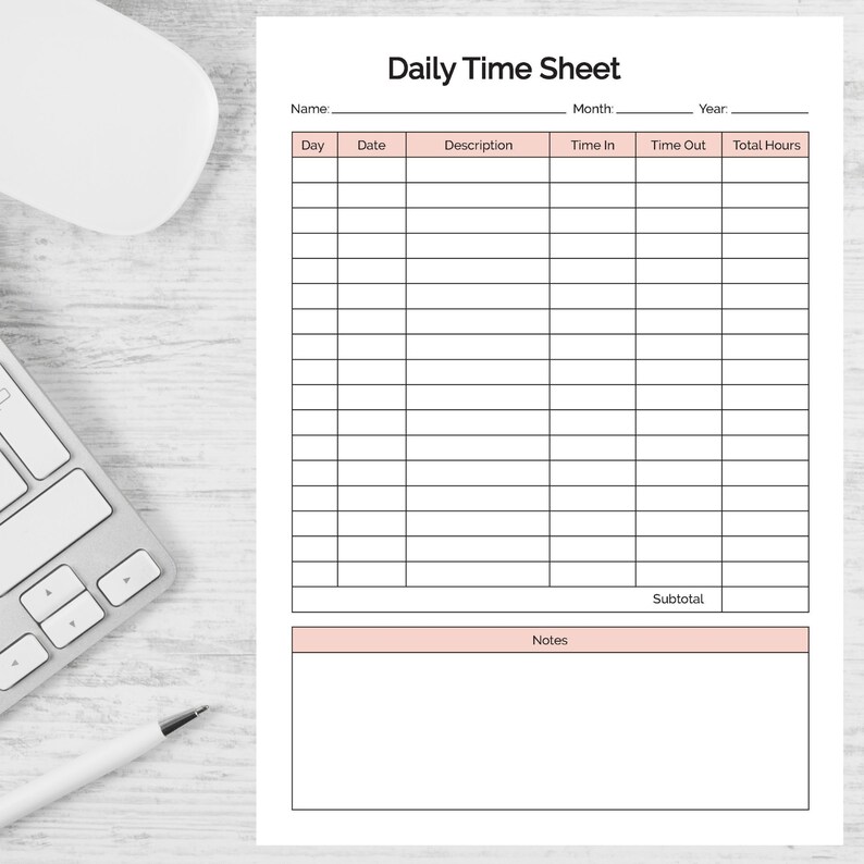Daily Timesheet Printable Editable PDF Times Sheet Time Card Time ...