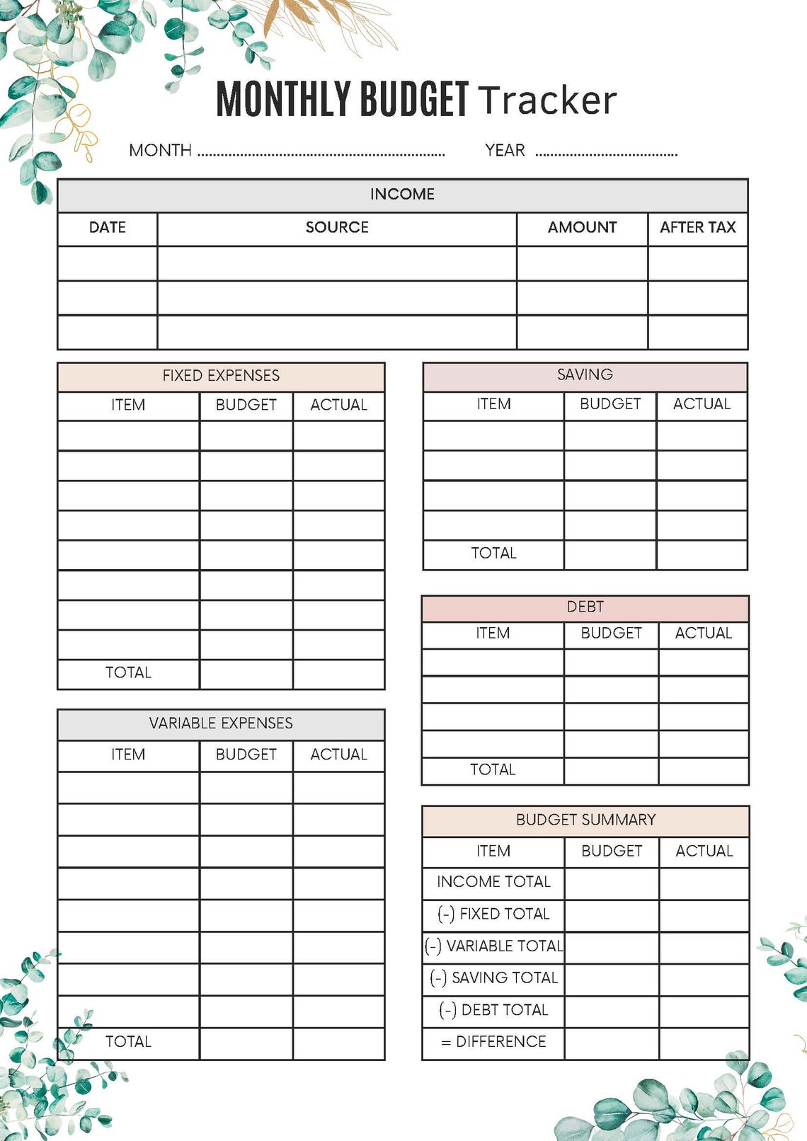 Monthly Budget Tracker Printable Elegant Income & Expenses Tracker Boho ...