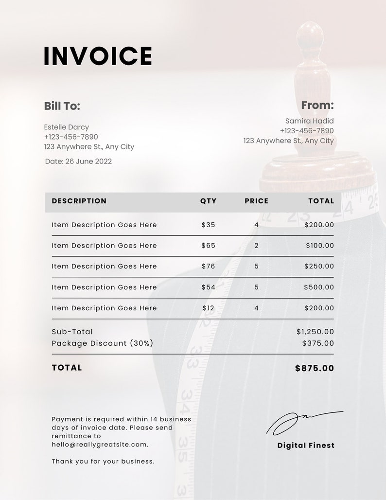 Fashion Tailor Services Invoice Template Printable Invoice Template ...
