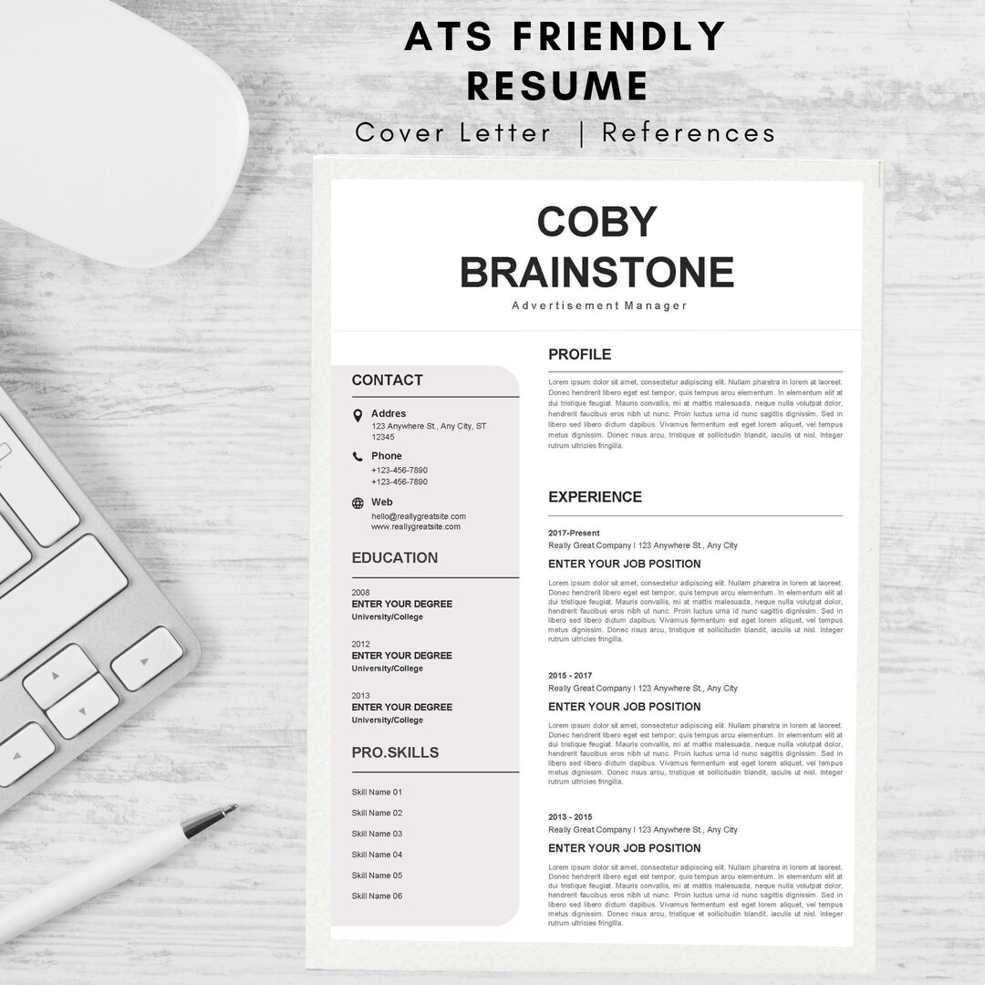 ATS Friendly Resume Cover Page Reference Page Template Clean Template ...