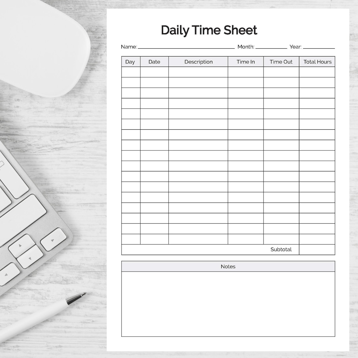Daily Timesheet Printable Editable PDF Times Sheet Time Card Time ...
