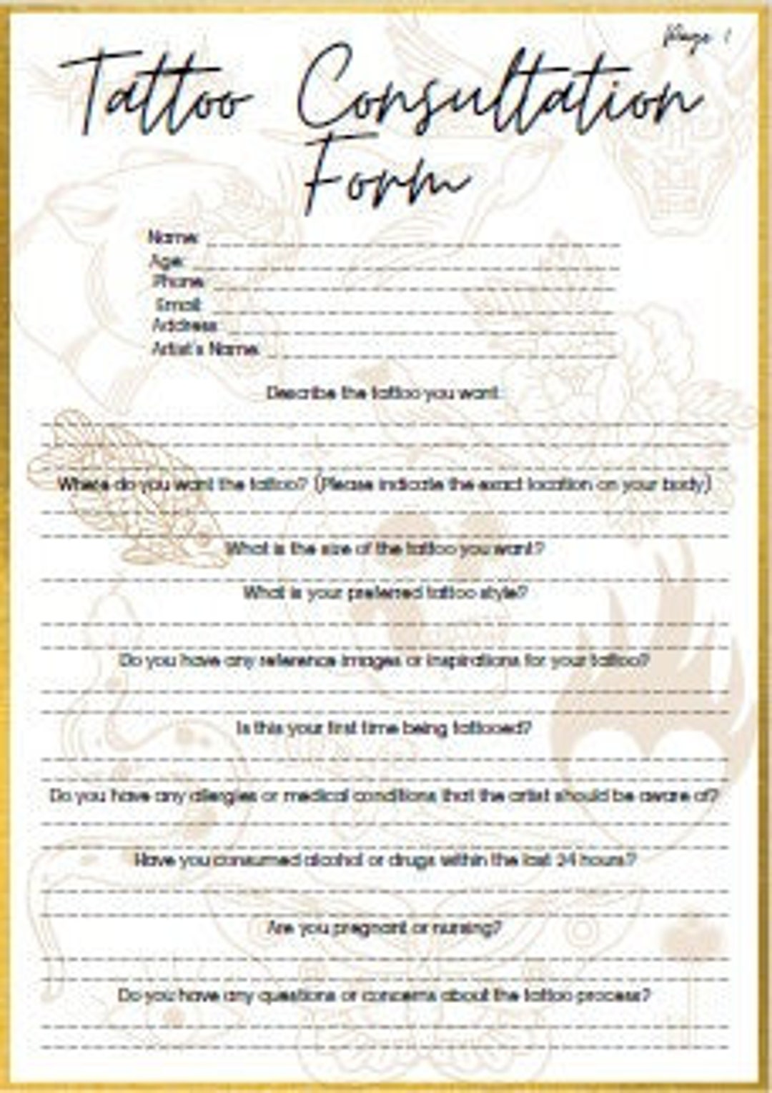 Tattoo Artist Consultation Form & Informed Consent Printable - Etsy