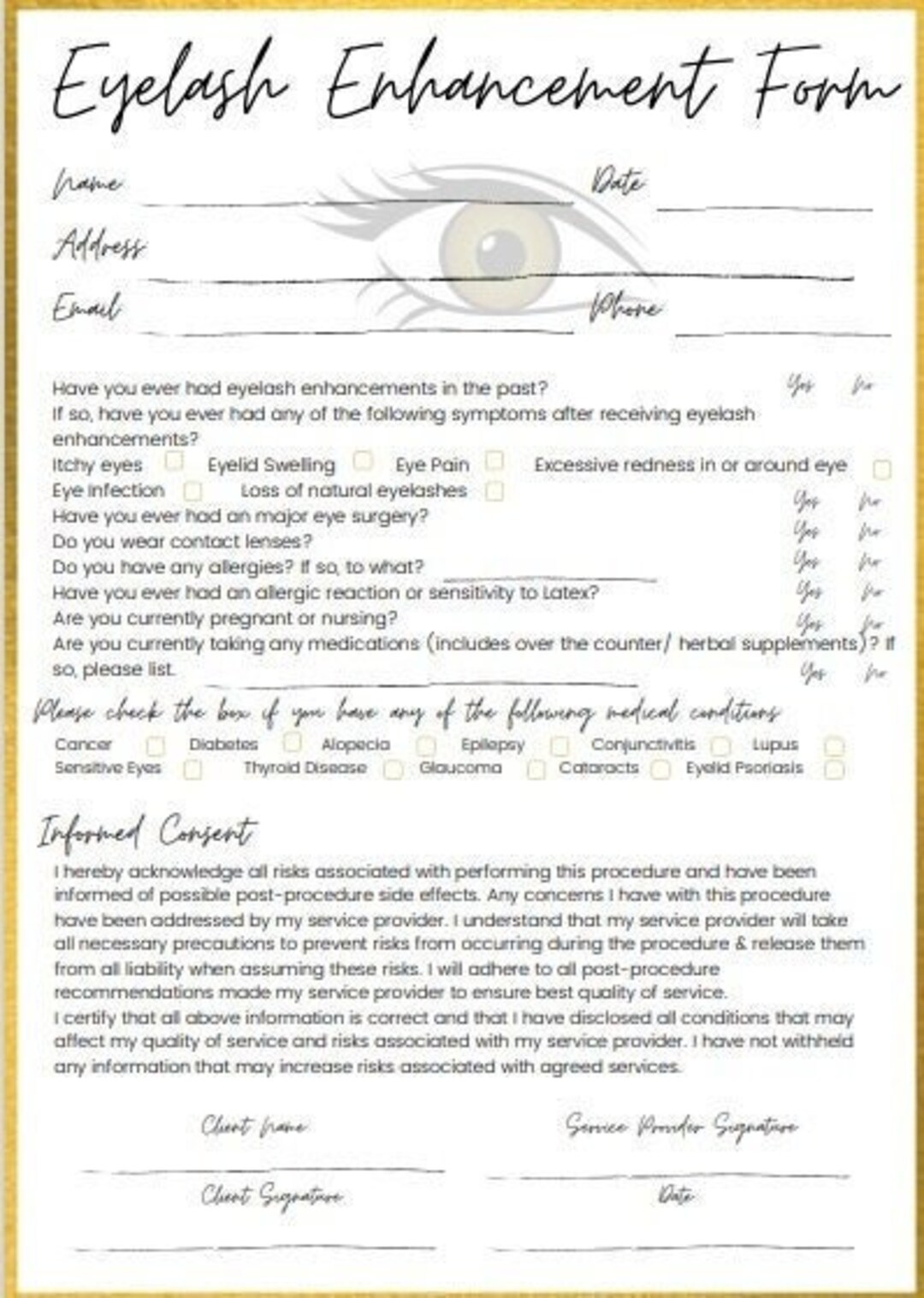 Eyelash Extension/enhancement Form. Client Consent Form for Eyelash ...