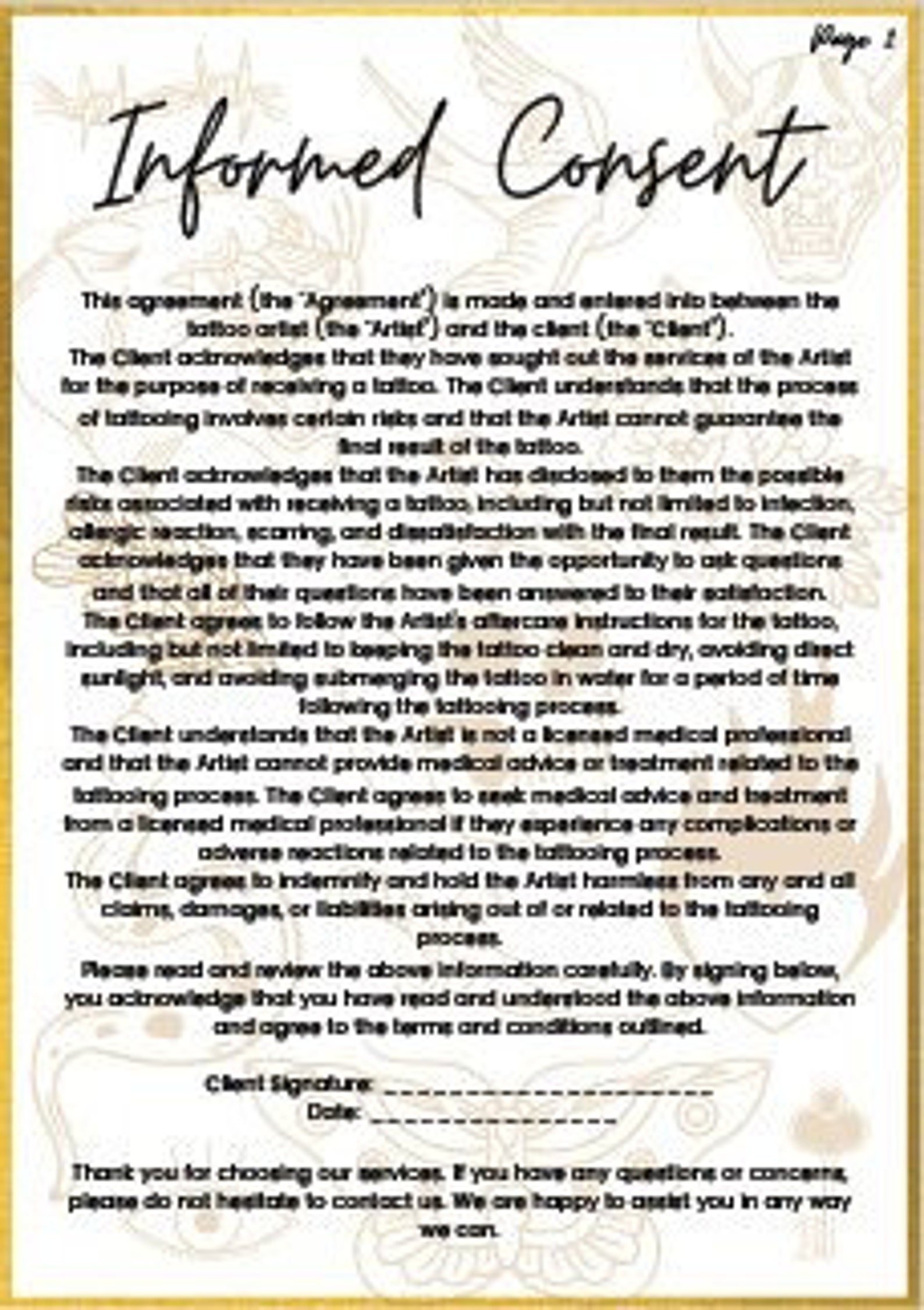 Tattoo Artist Consultation Form & Informed Consent Printable - Etsy