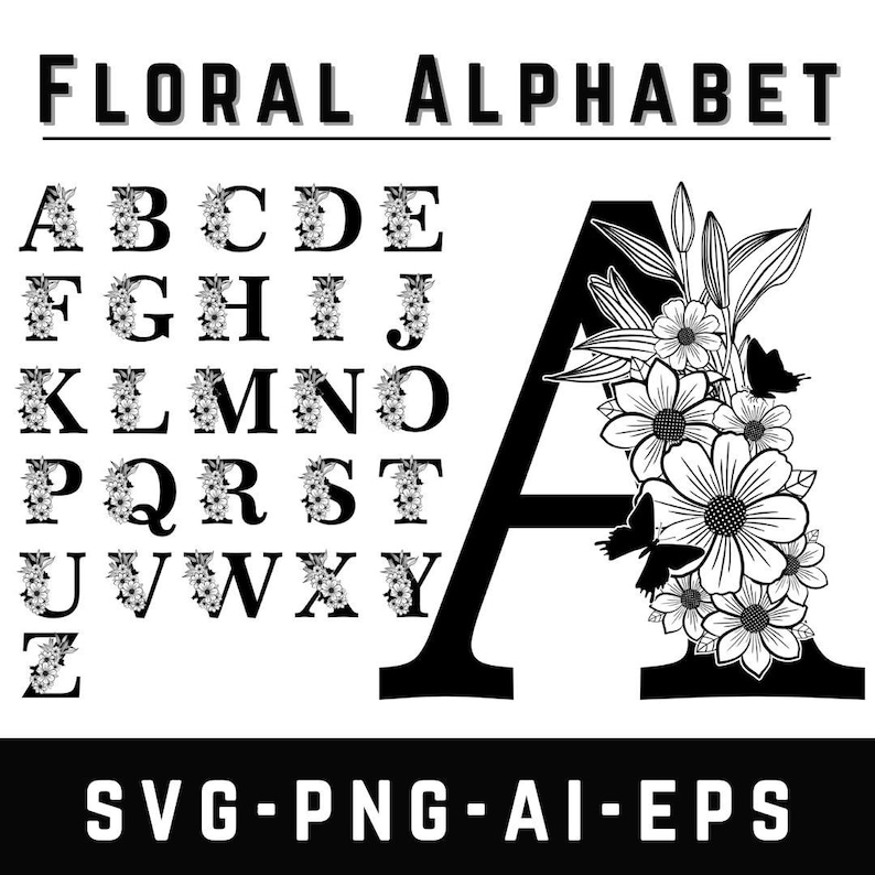 Floral Alphabet SVG: Monogram Letters A-Z, Flower Font (digital ...