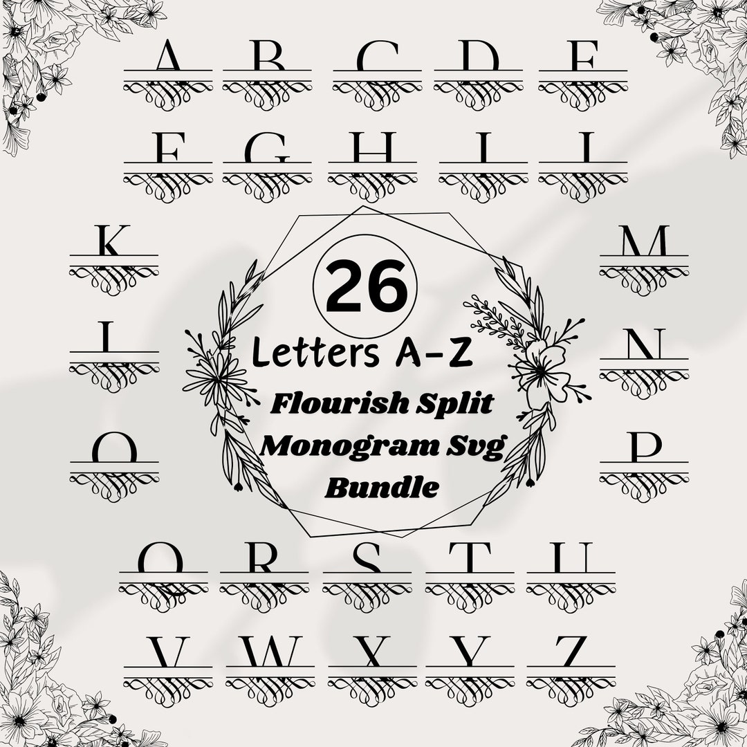 Flourish Split Monogram SVG Bundle for T-shirt, Laser Cutting, Sublimation, Elegant Floral ...