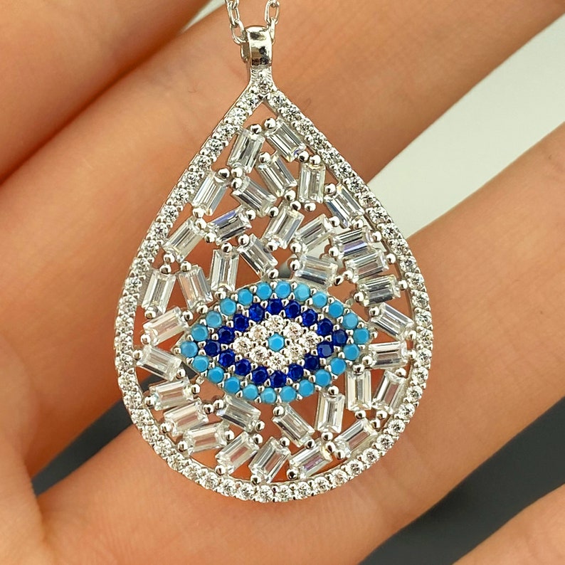 Teardrop Evil Eye Pendant, 925 Sterling Silver Protection Necklace - Etsy