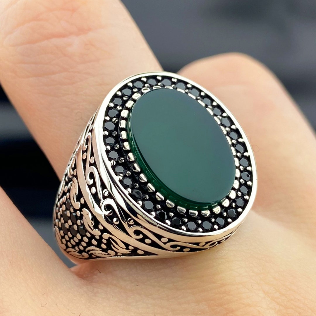 Men's Emerald Stone Silver Ring,green Stone Men Ring Turkish Handmade ...