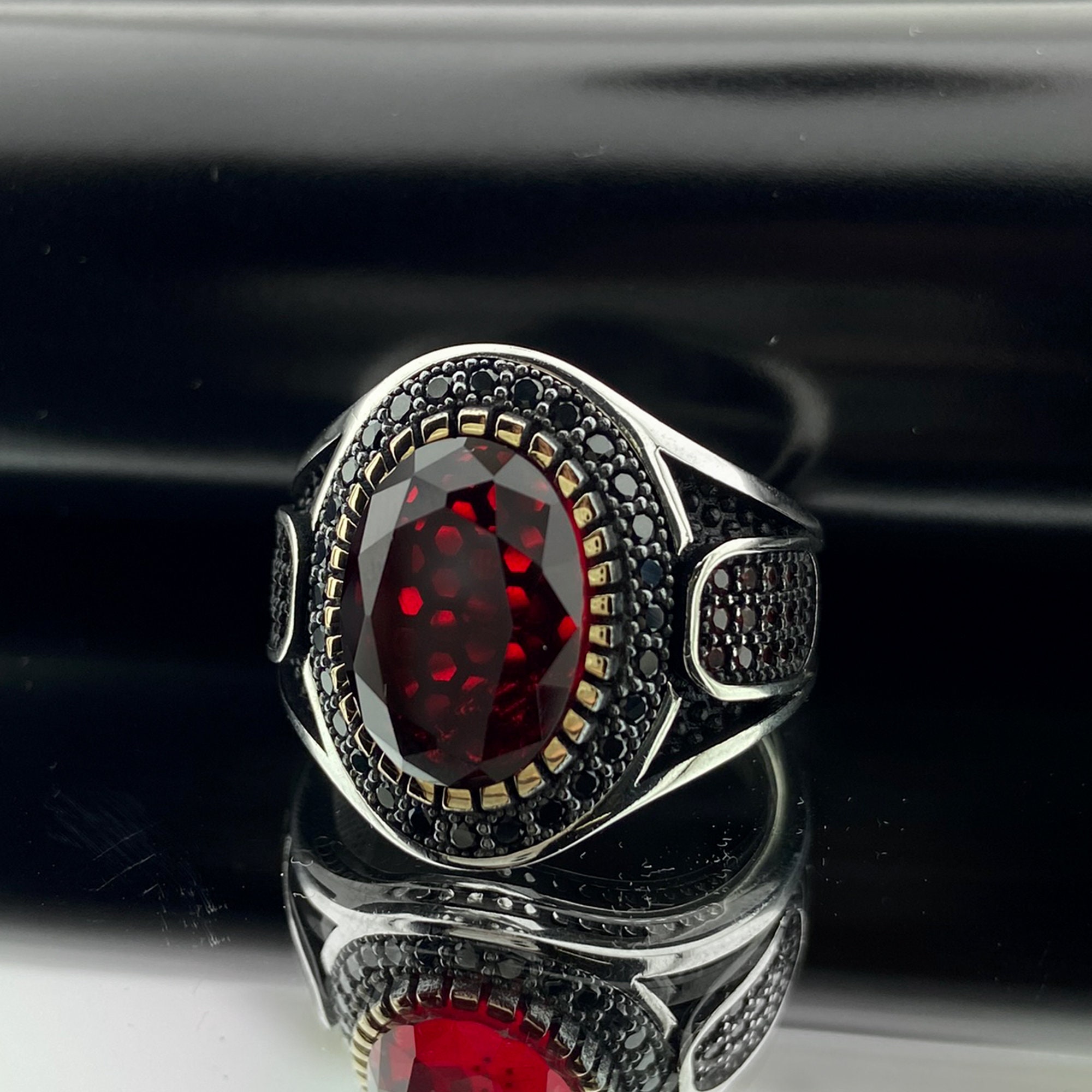 Red Zircon Men's Silver Ring,red Stone Ring,oval Stone Ring,turkish ...
