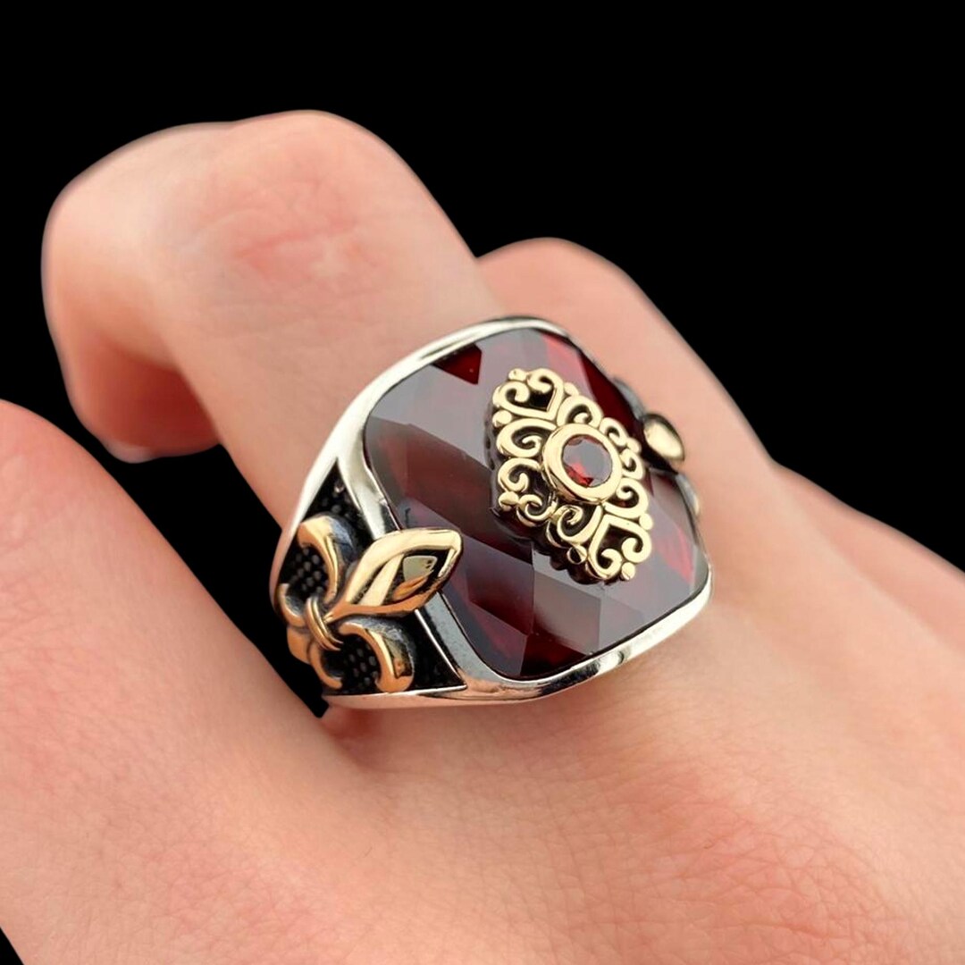 Men’s Silver Signet Ring With Red Stone,ottoman Style Vintage Ring ...
