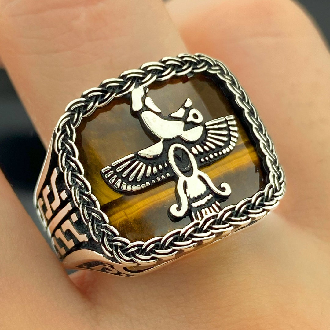 Faravahar Ahura Mazda Men Ring,persian Ring Tiger Eye Stone Men Ring ...