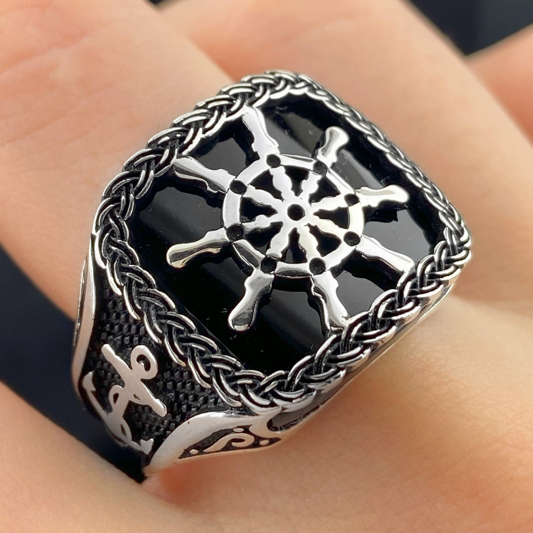Sterling Silver Rudder Ring, Black Agate, Handmade Statement Ring - Etsy