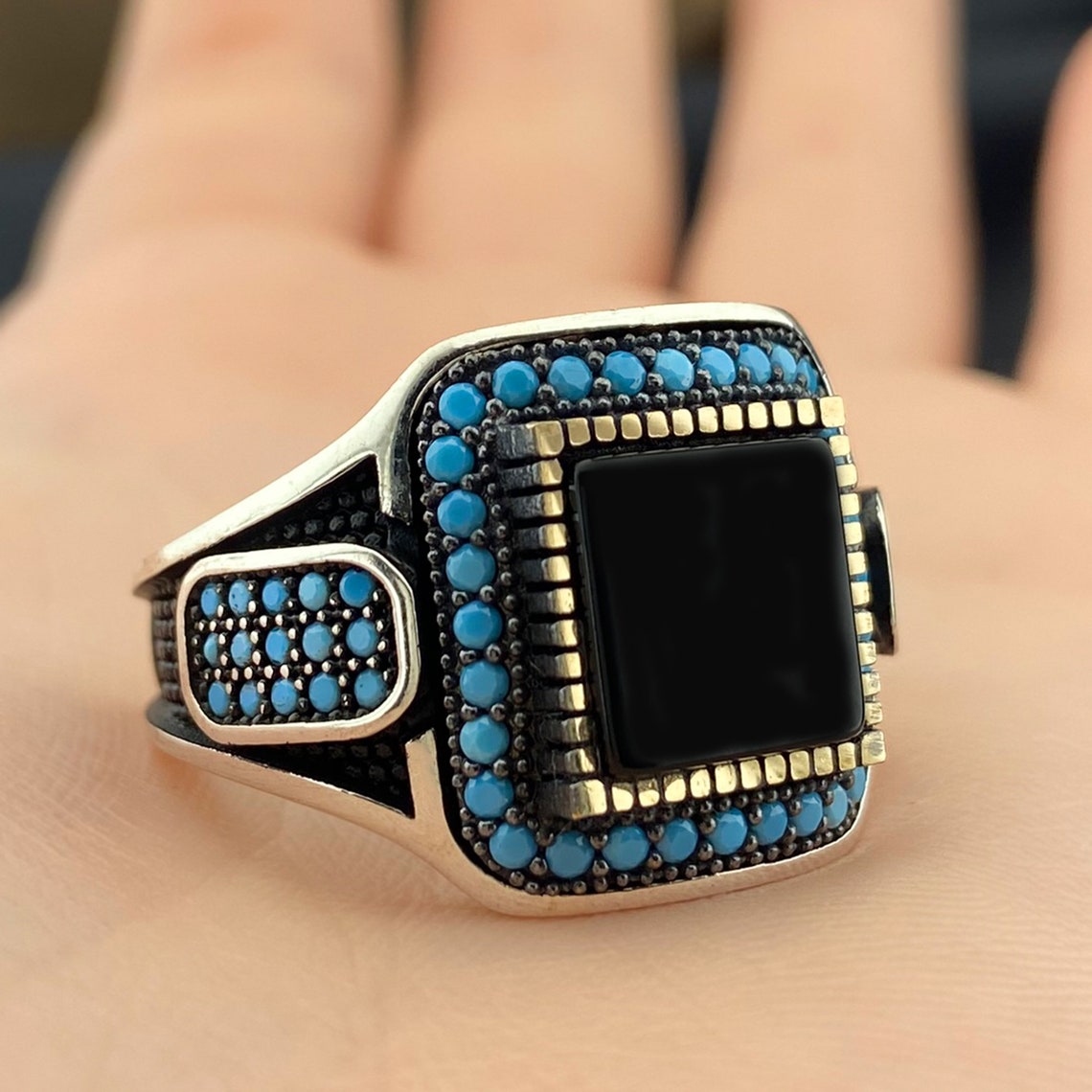 Turquoise Stone Men Ring,black Onyx Stone Men Ring,ottoman Style Men ...