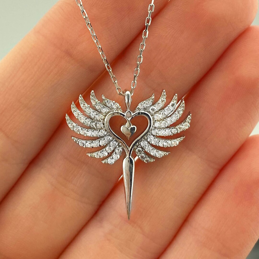 Angel Necklace 925K Silver Necklace Angel and Heart White Stone Wing ...