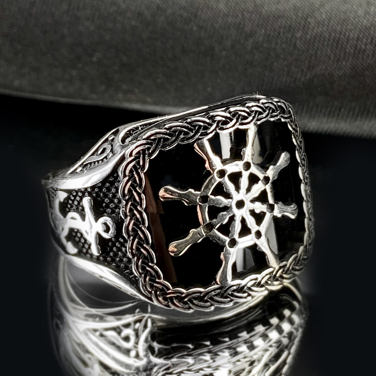 Sterling Silver Rudder Ring, Black Agate, Handmade Statement Ring - Etsy