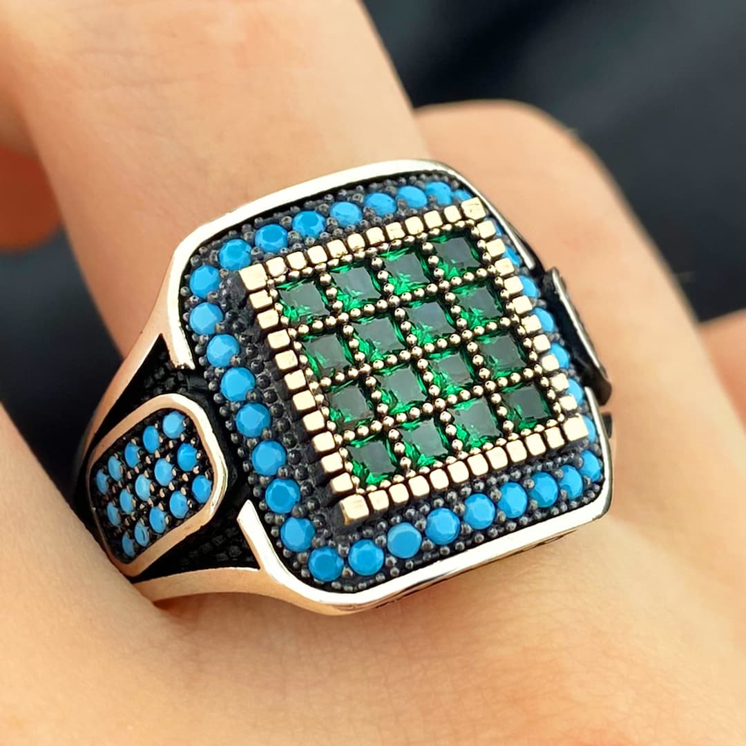 Green Stone Men Ring,blue Stone Men Ring,square Stone,ottoman Style Men ...
