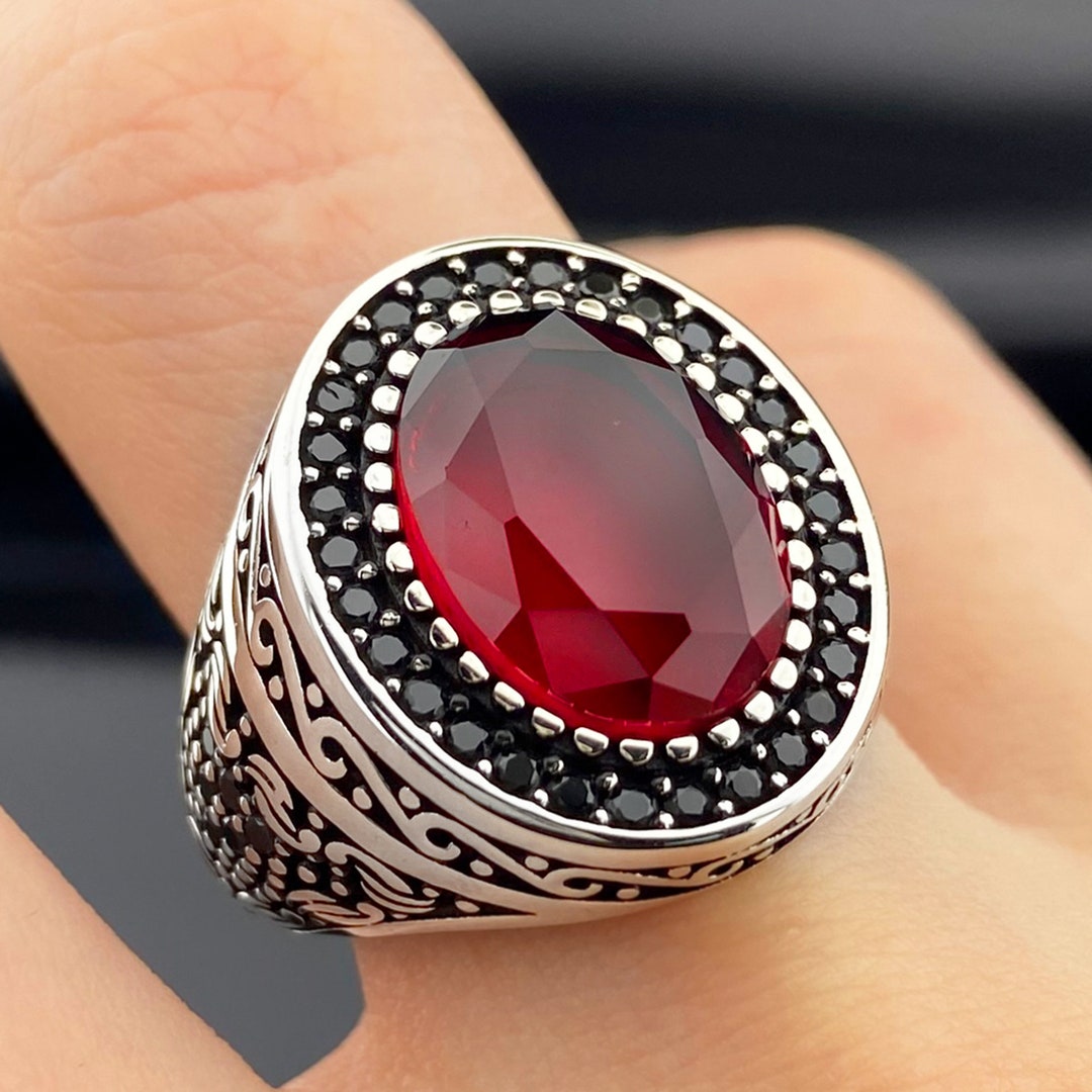 Oval Red Stone Ring for Men, Statement Ring, Handmade Gothic Jewelry ...