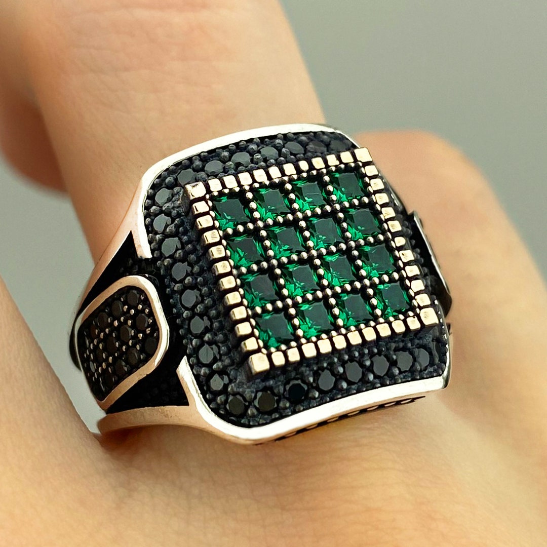 Green Stone Men Ring,black Stone Men Ring,square Stone,ottoman Style ...