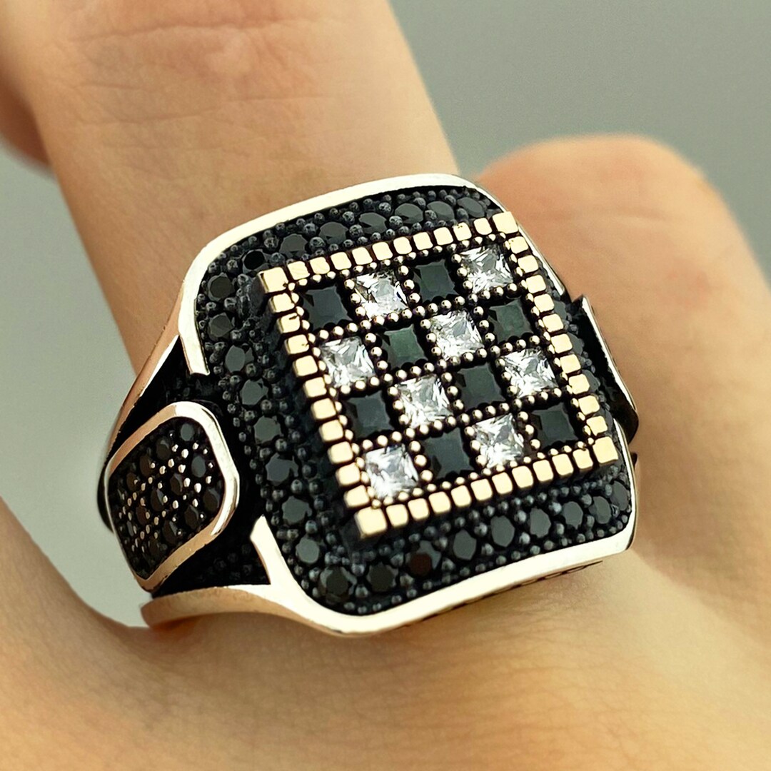 Chess Men Ring,onyx Stone Men Ring,chessboard Ring,square Stone, Men ...