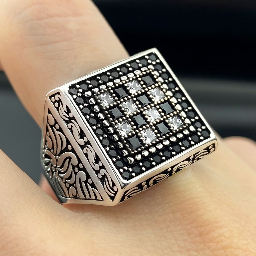 Mens Black Onyx Square Stone Ring,chessboard Ring,turkish Handmade Ring ...