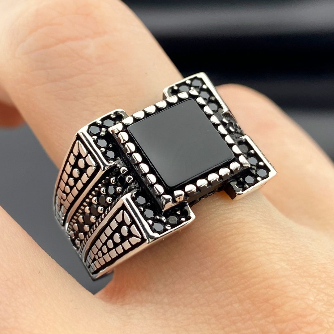 Rectangular Onyx Stone Ring for Men, Statement Ring, Handmade Gothic ...