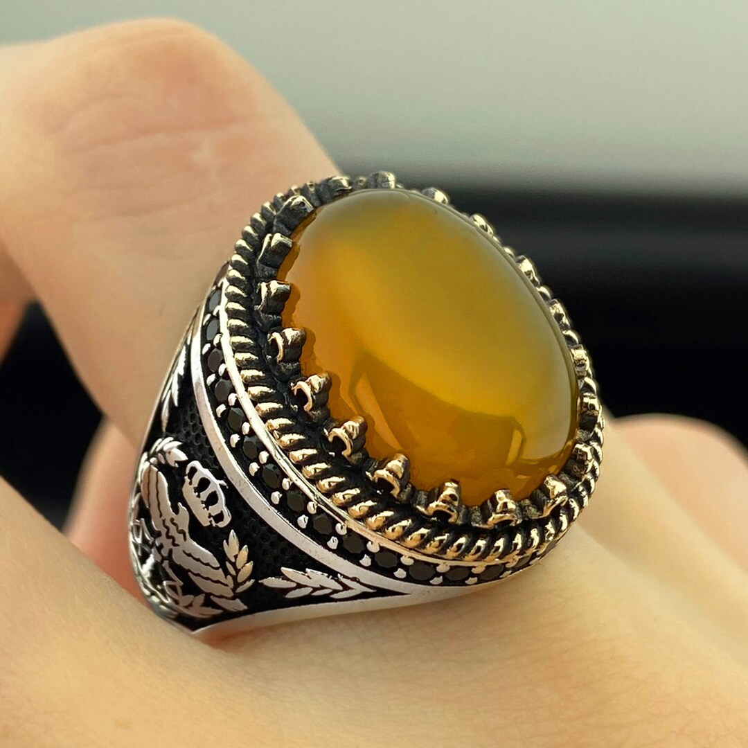 King Ring,agate Stone Men Ring,yellow Stone Zirconium Ring,yemeni Aqeeq ...