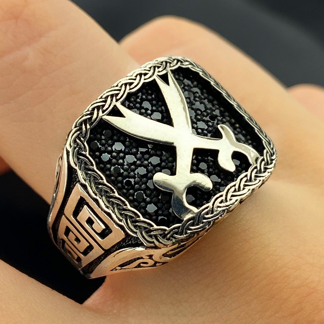 Men's Black Onyx Stone Ring, Double Sword Detailed Silver Ring ...