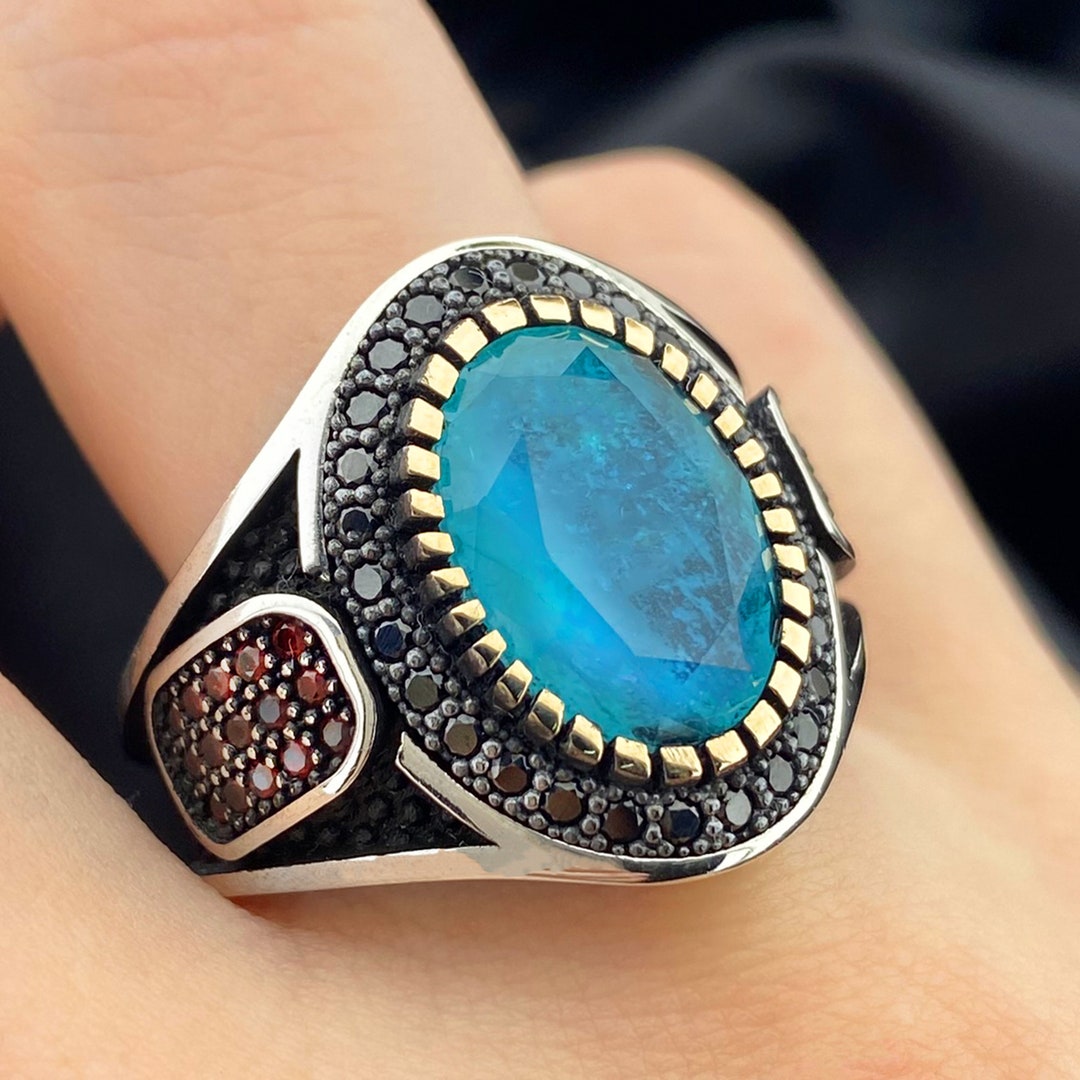 Mens Silver Ring, Blue Aquamarine Oval Stone Ring, Turkish Handmade ...