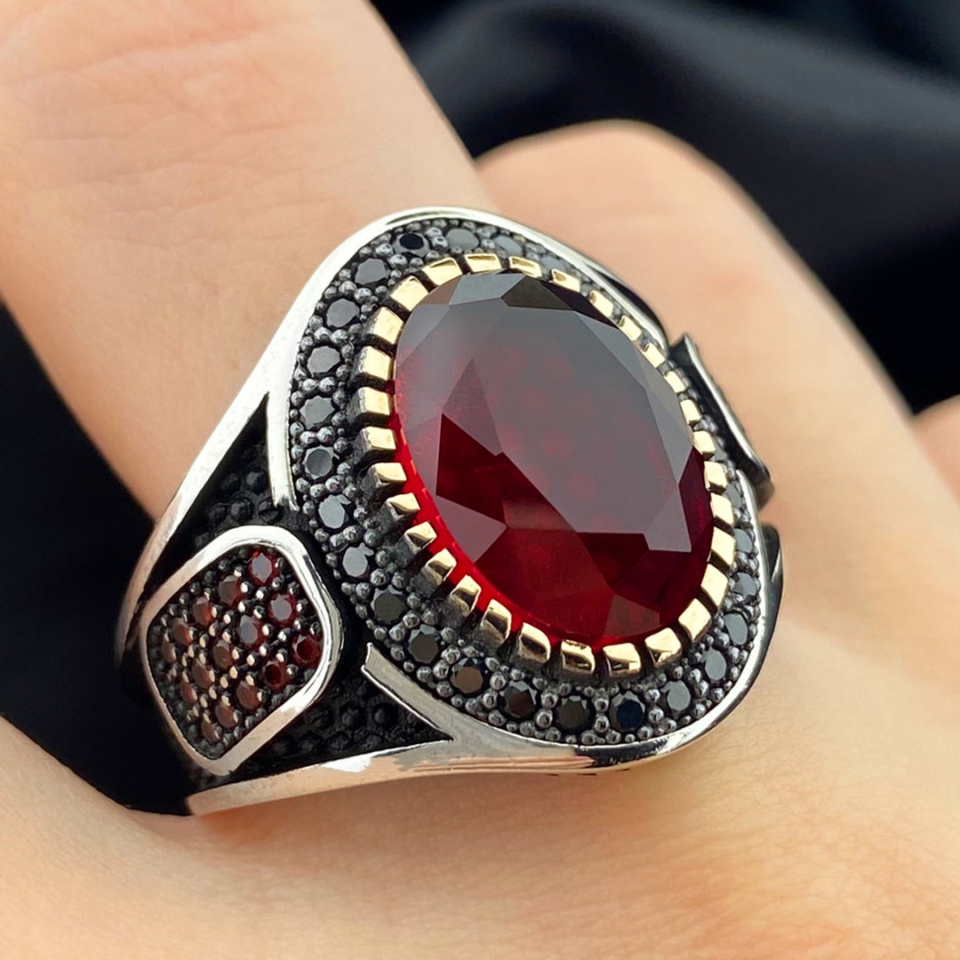 Red Zircon Men's Silver Ring,red Stone Ring,oval Stone Ring,turkish ...