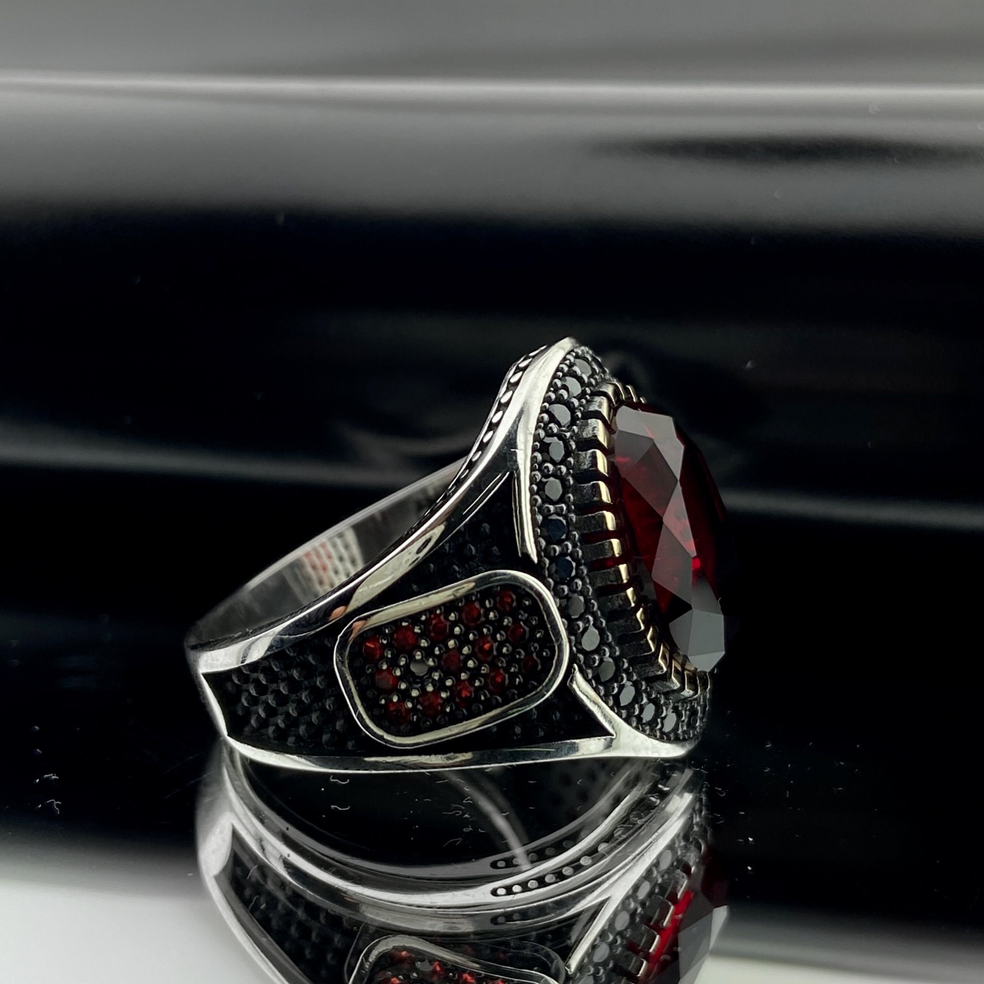 Red Zircon Men's Silver Ring,red Stone Ring,oval Stone Ring,turkish ...