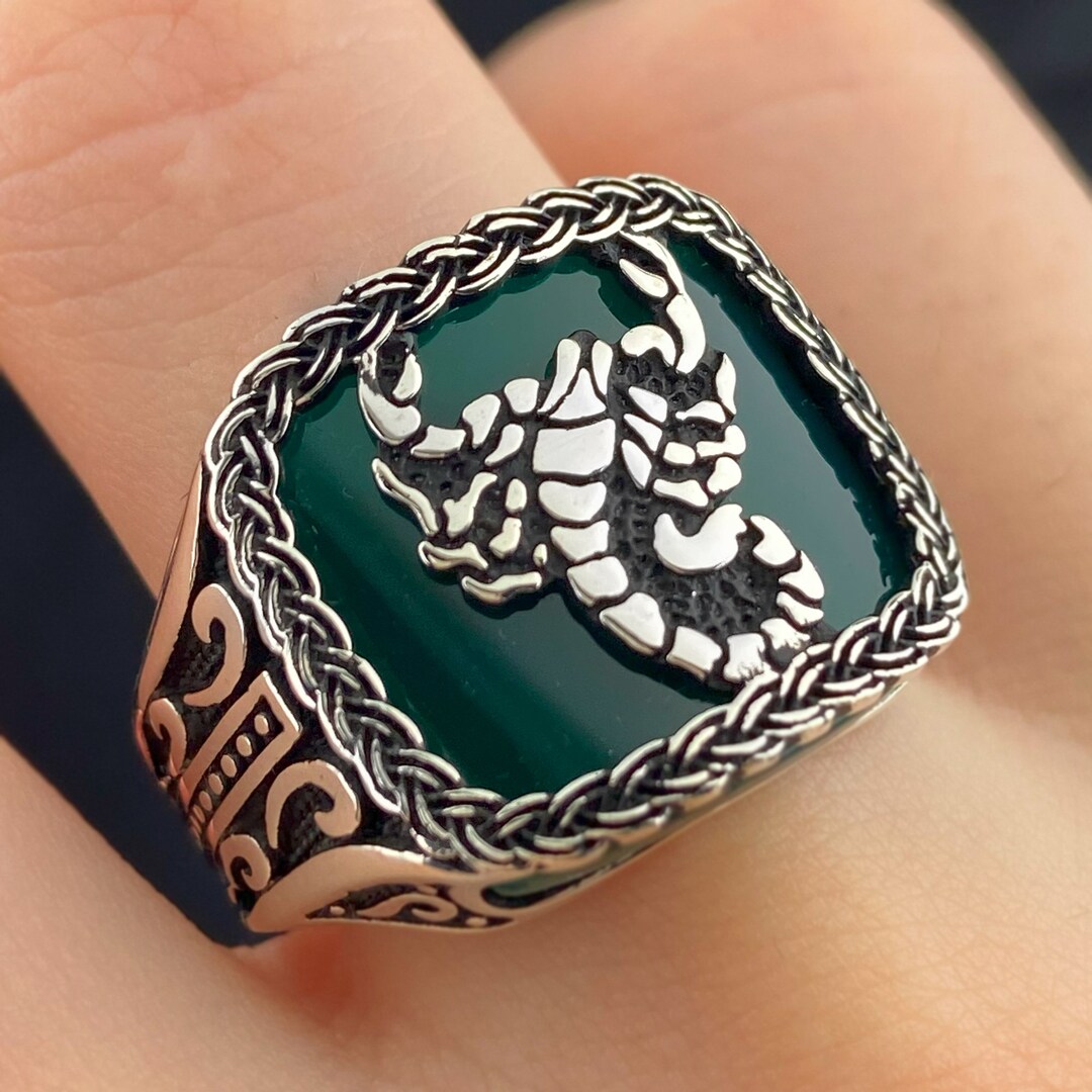 Scorpion Men Ring,animal Men Ring,zodiac Men Ring,green Agate Stone Men ...