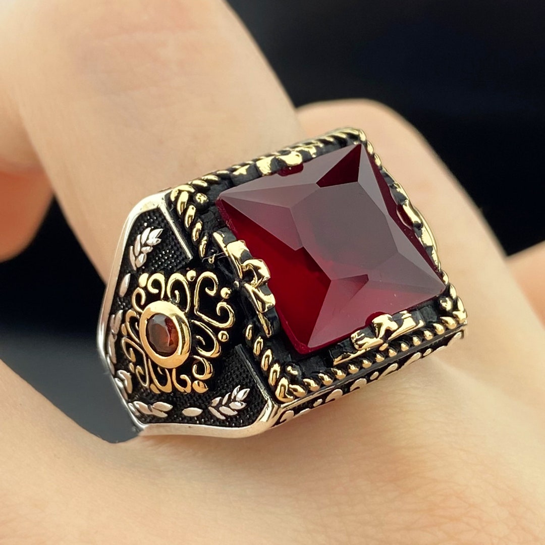 Men's Red Ruby Stone Ring, Turkish Handmade Ring, Squared Stone Ring ...