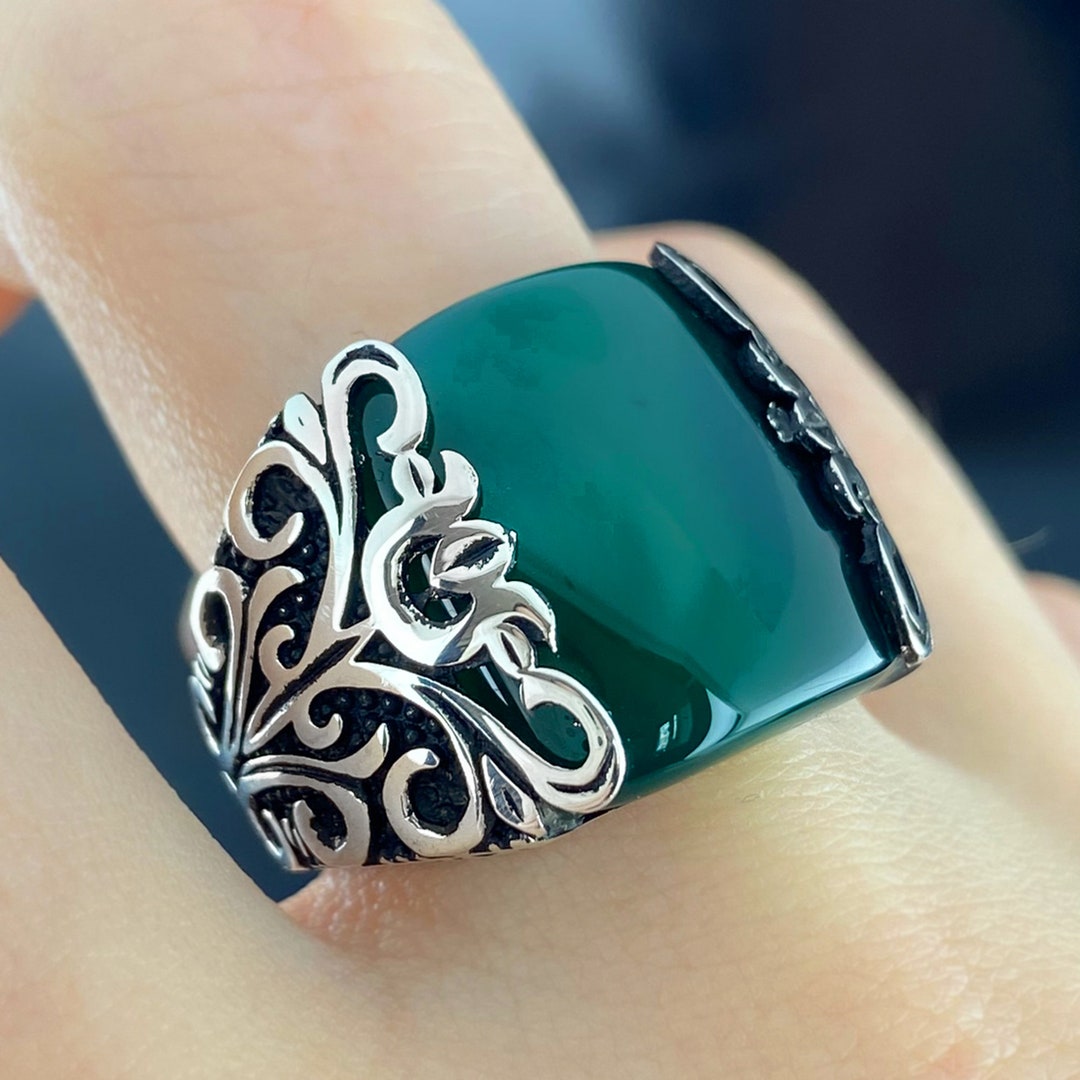 Green Stone Men's Silver Ring, Ottoman Style Turkish Handmade Ring ...